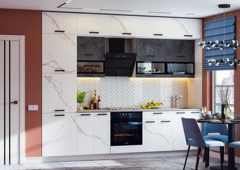 Кухонный гарнитур Техно 3м компоновка №2 Мрамор Белый Бетон графит антарес купить по выгодной