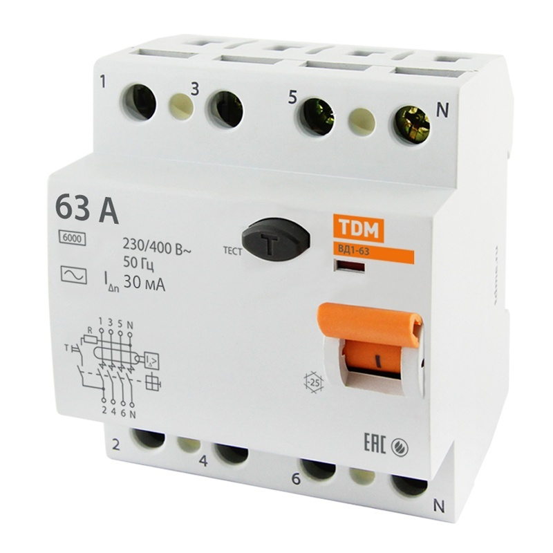 Купить Устройство защитного отключения TDM ВД1-63, 63А, 30мА, тип АС ...