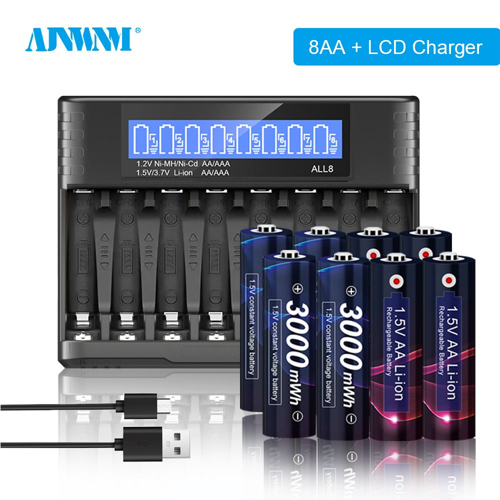 8 шт. Аккумуляторные батарейки АА 1,5 v Li-ion 3000 mWh (Пальчиковые ...