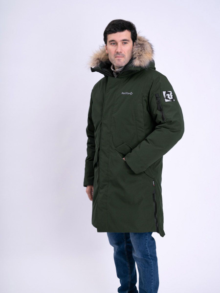 Пуховик Мужской RedFox Капюшон, Карманы хаки, размер 52 Длинный Зима ...
