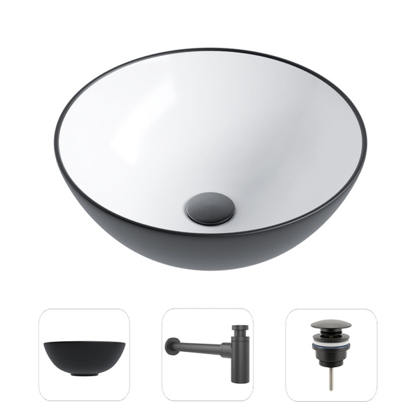 Накладная раковина для ванной Helmken 60140001 комплект 3 в 1: умывальник круглый 40 см, сифон и ...