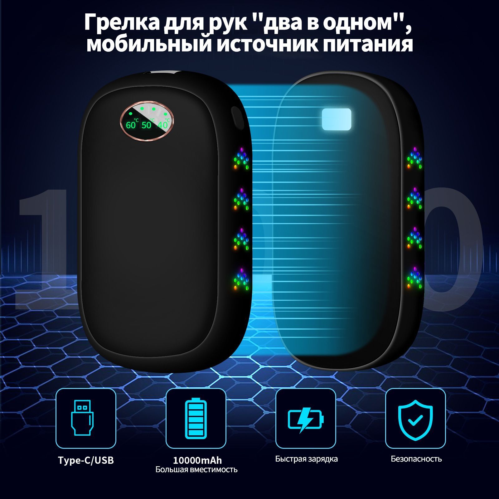 Грелка для рук, внешняя аккумуляторная батарея емкостью 20 000 мАч, два ...