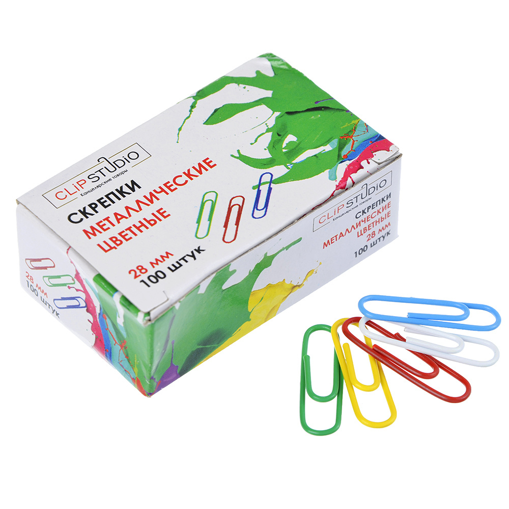 Скрепки канцелярские ClipStudio металлические 28 мм, 100 штук, цветные ...