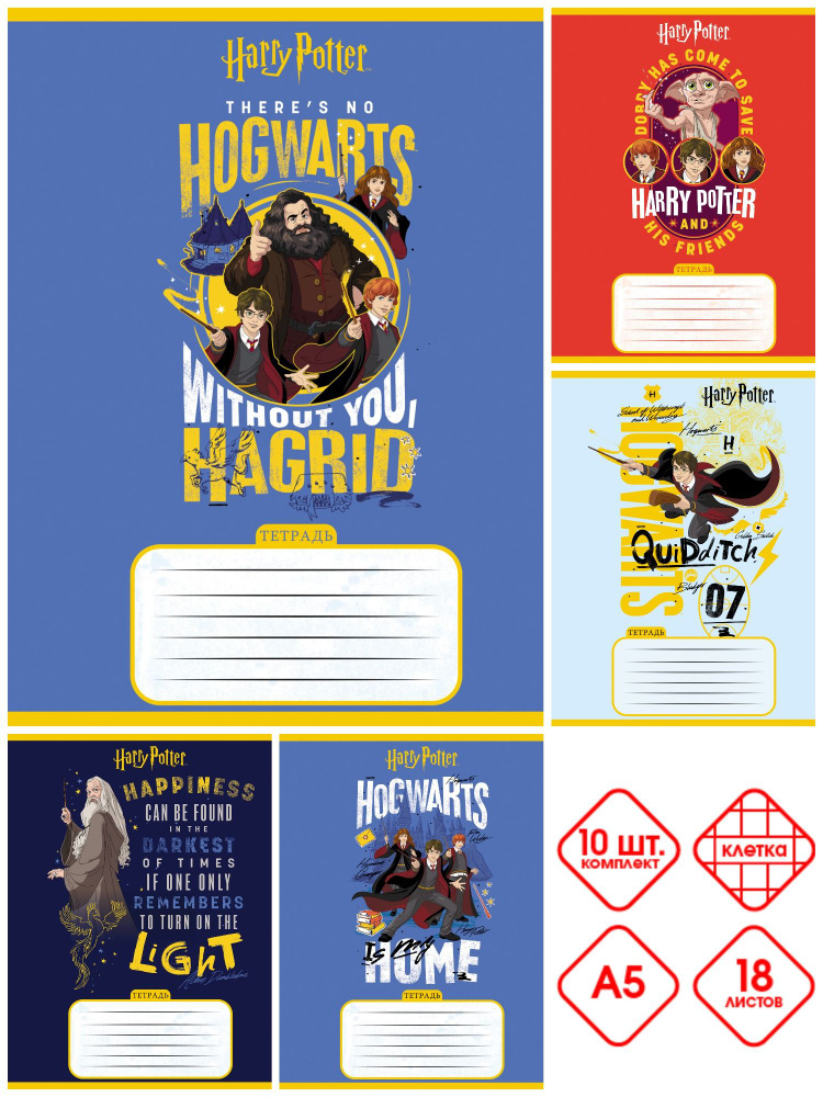 Набор тетрадей Hatber 18 листов, формата А5, в клетку, 65 г/кв. м, на скобе, 10 штук/5 дизайнов ...