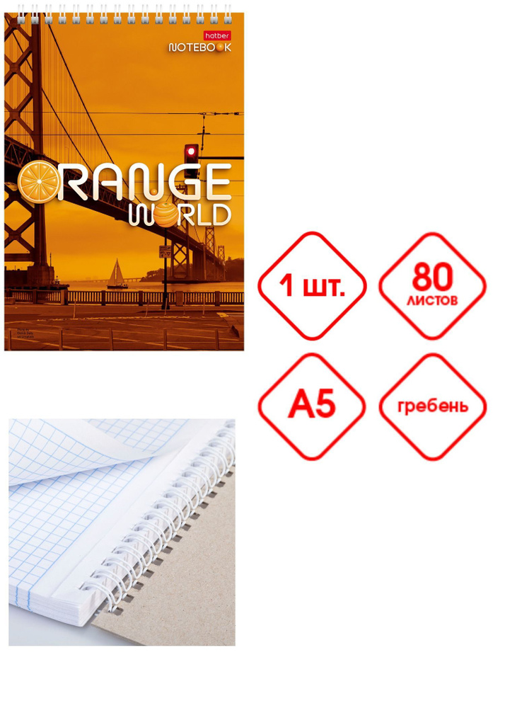 Блокнот Hatber 80 листов, формата А5, в клетку, 65 г/кв. м, на гребне, жесткая подложка ...