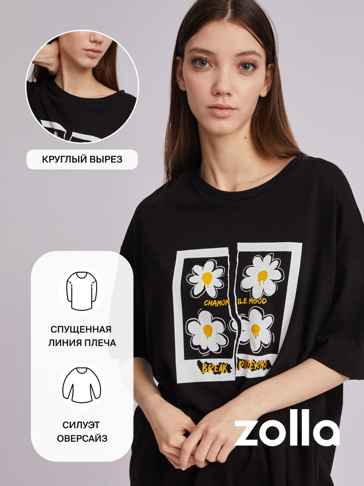 Футболка Женский Zolla черный Короткий, размер 44 Хлопок Повседневный, Спортивный Узбекистан ...