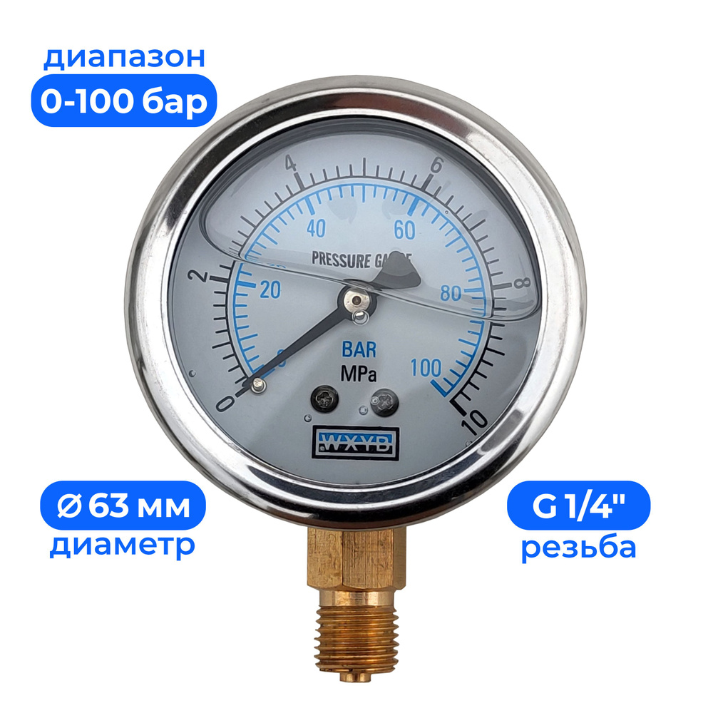 Манометр радиальный 63 мм 0-100 бар G 1/4 для гидросистем - купить по ...