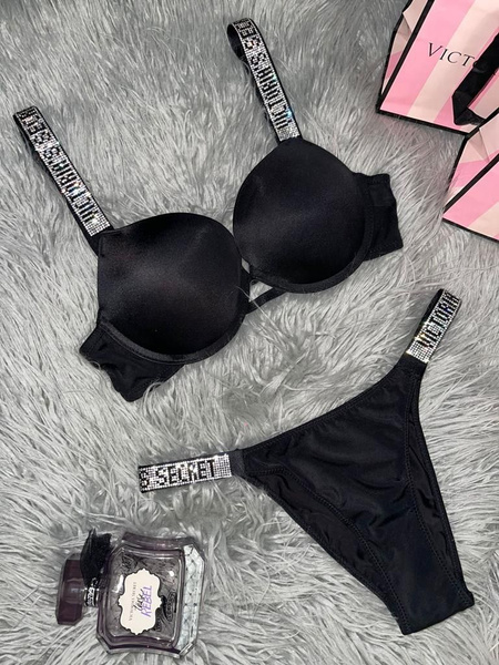 Комплект нижнего белья Женский Victoria's Secret черный Крючки Полиамид, Эластан, размер 75C ...