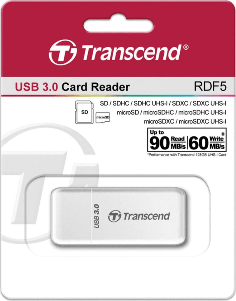 Картридер Transcend RDF5, SD/microSD, белый - купить с доставкой по ...