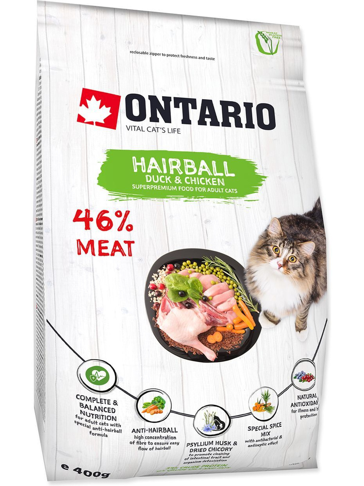Ontario корм для кошек, для вывода шерсти, с уткой, с курицей 400 гр ...