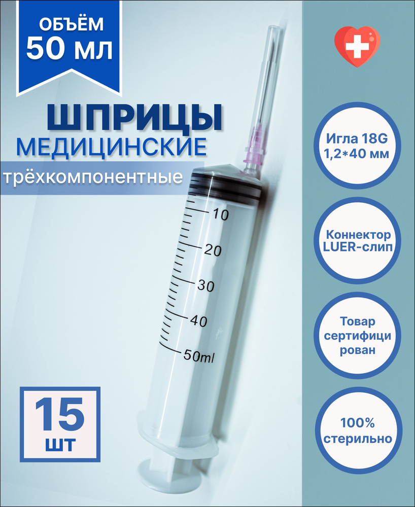 Шприц медицинский 50 мл одноразовый стерильный для инъекций с иглой ...