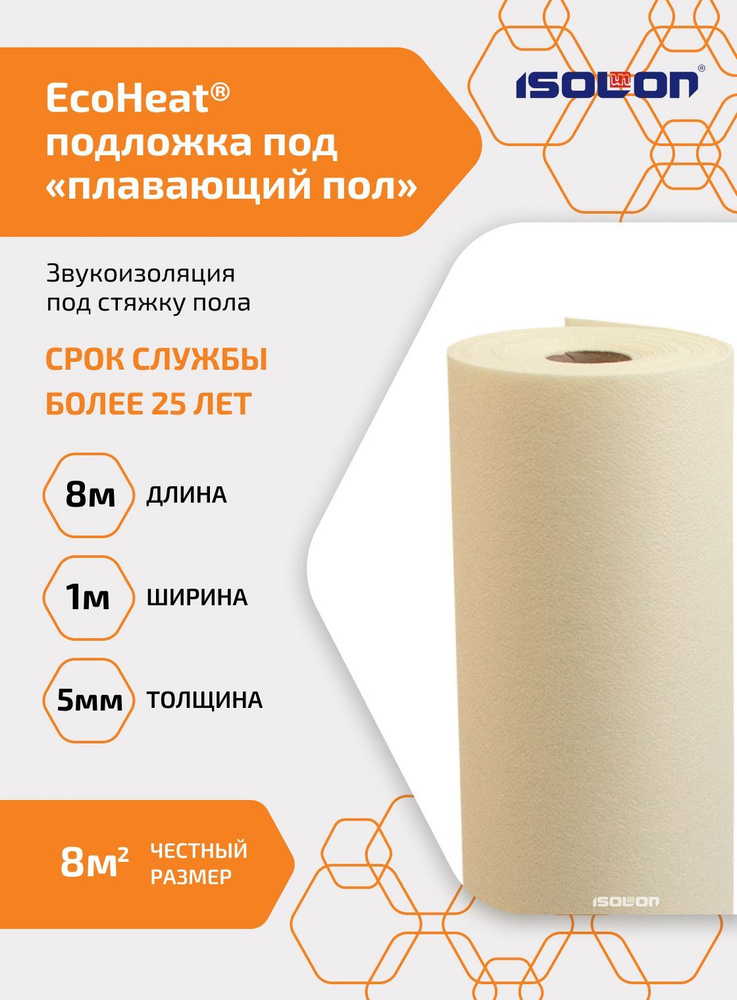 Подложка под стяжку, звукоизоляция ISOLON EcoHeat 5 мм, 8 кв.м (под плавающий пол шумоизоляция ...