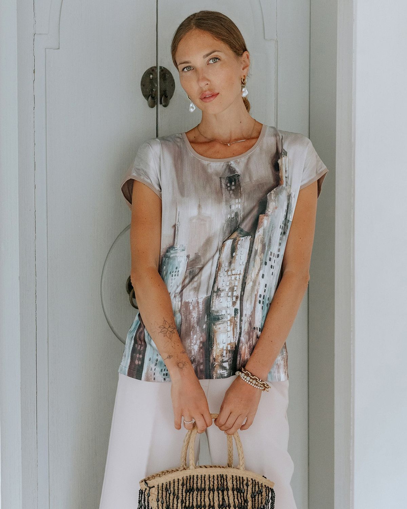 Футболка SAHAR art lab, размер 46, цвет бежевый, черно-серый, 50% хлопок, 48% полиэстер, 2% ...