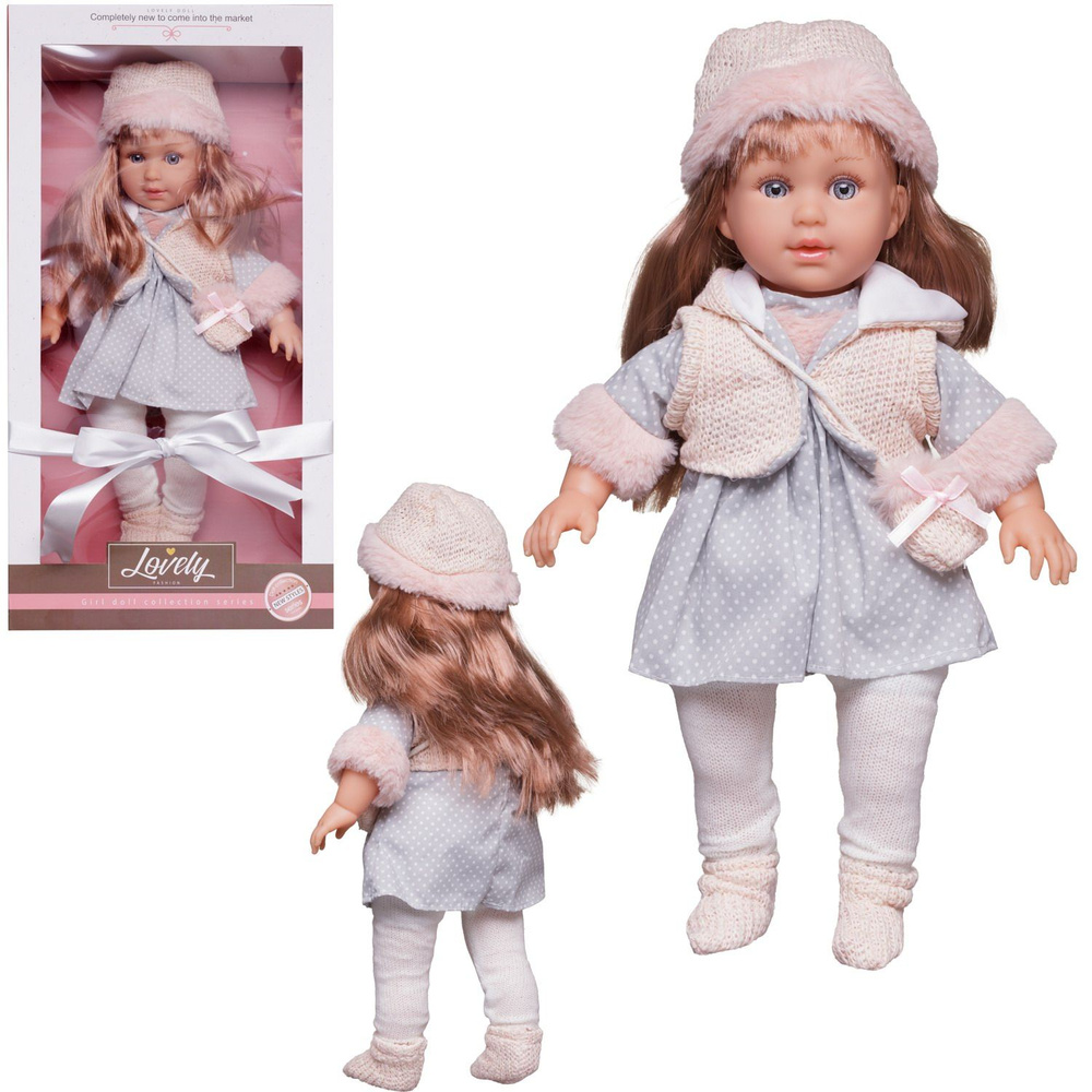 Кукла Junfa в теплой одежде: в серо-голубом платье с бежевыми вязанными и меховыми вставками 45 ...