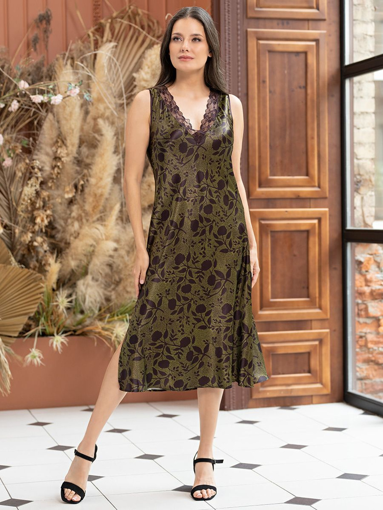 Ночная сорочка Женский Mia-Amore Шелк, размер 52 Цветочный фиолетовый Без рукавов Россия Кружево ...