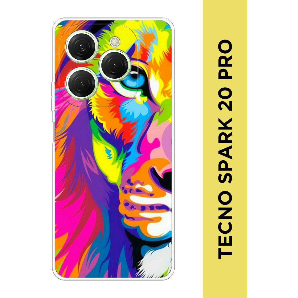 Силиконовый чехол на Tecno Spark 20 Pro Текно Спарк 20 Про Красочная морда льва купить с