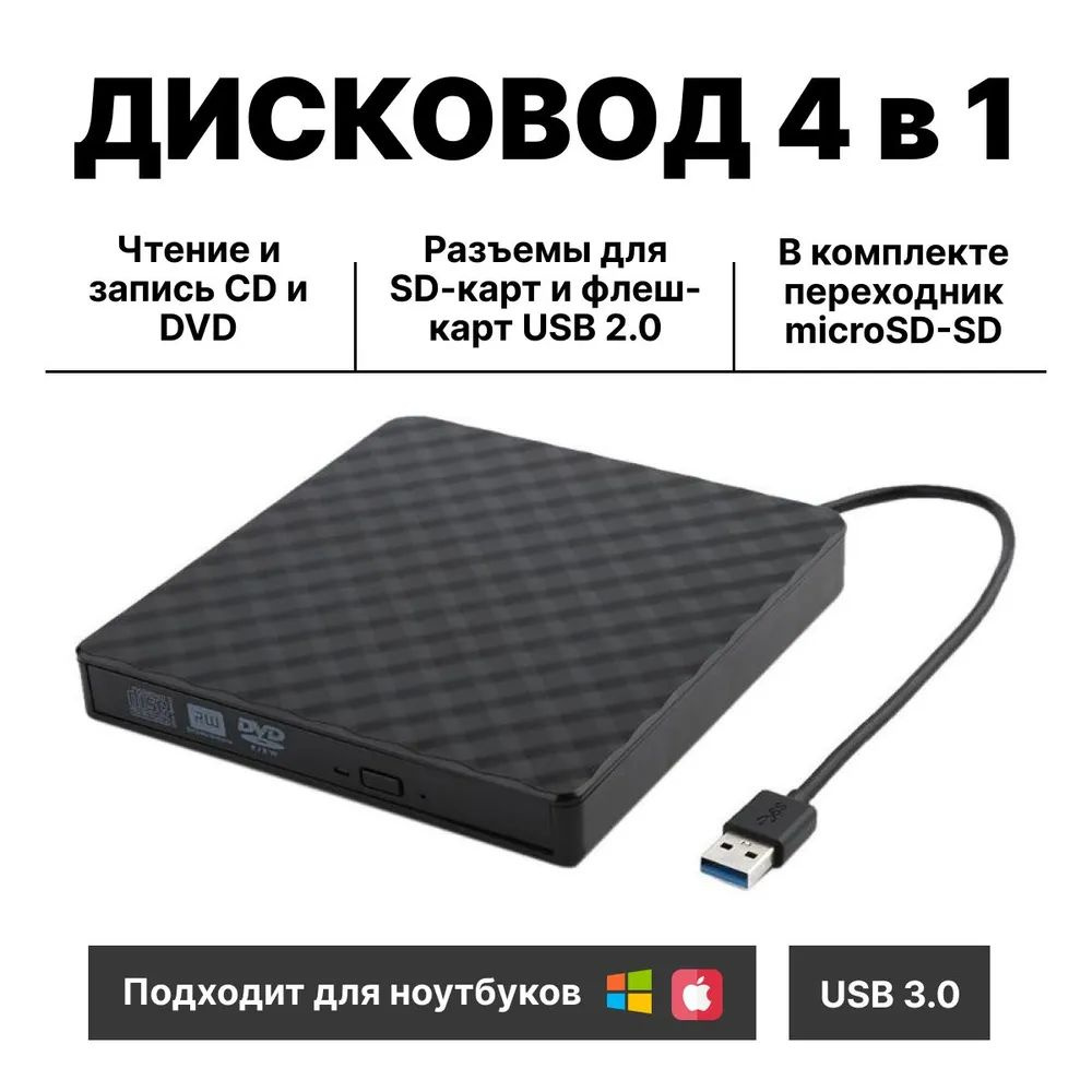 Внешний CD DVD дисковод с чтением и записью с разъемами SD картридер, 2 ...