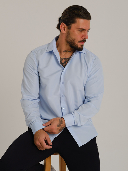 Рубашка Мужской GOODWIN ENACTMENT голубой Длинный Хлопок Воротник Однотонный, размер 48 ...