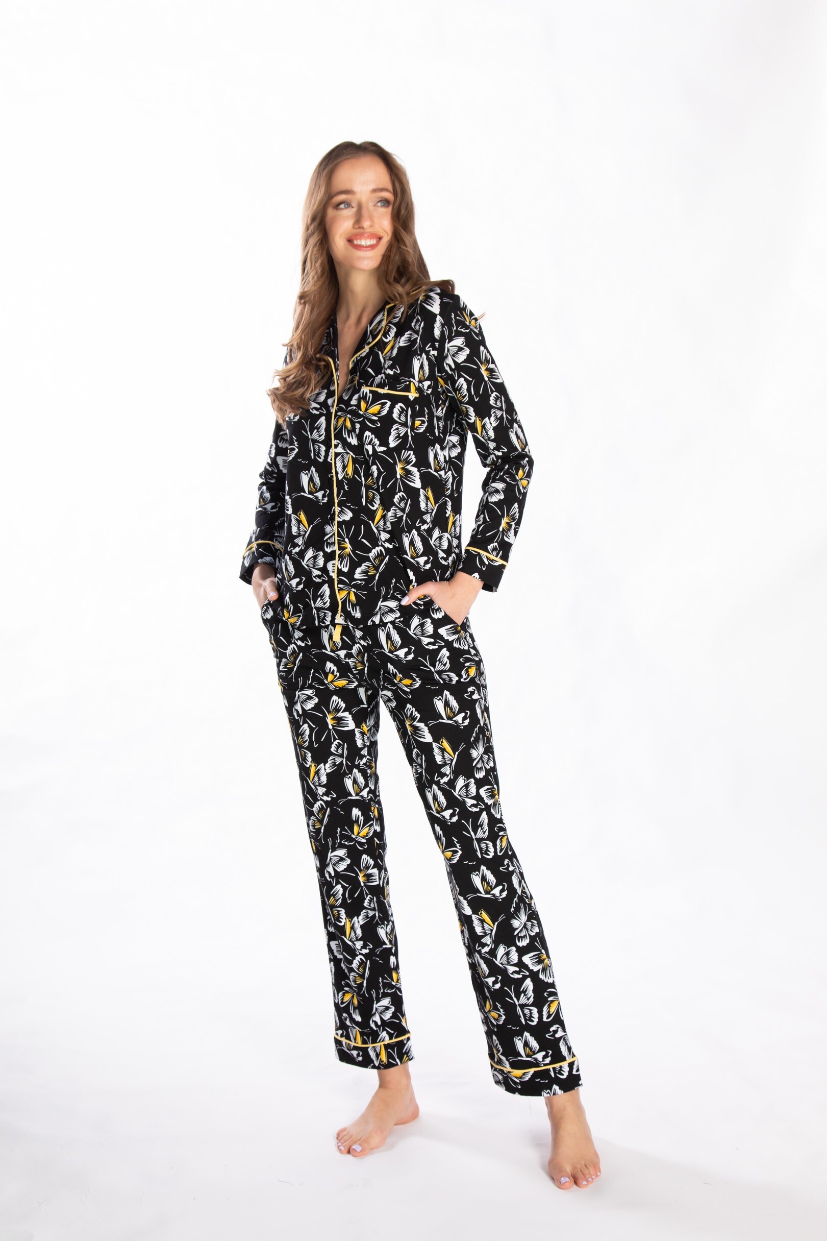 Пижама Женский Vienetta с брюками Хлопок, размер 44 Цветочный черный ...