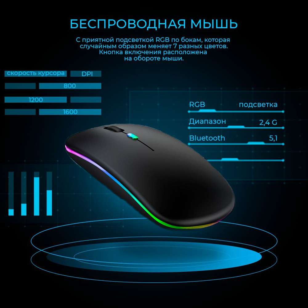 Мышь беспроводная Kolibri Бесшумная с подсветкой, 1600 DPI, черный ...