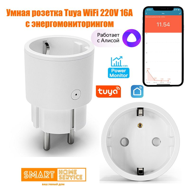 Умная розетка WiFi 220V-16A с энерго-мониторингом и голосовым ...