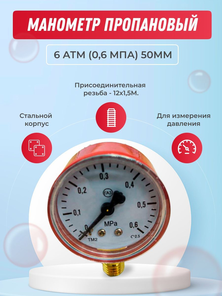 Манометр пропановый 6 атм (0,6 мПа) 50мм - купить с доставкой по ...