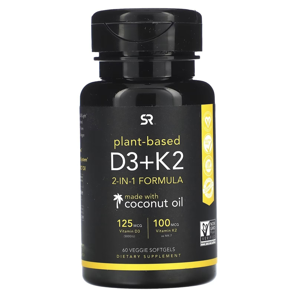 Sports Research, растительные витамины D3+K2, 60 растительных капсул ...