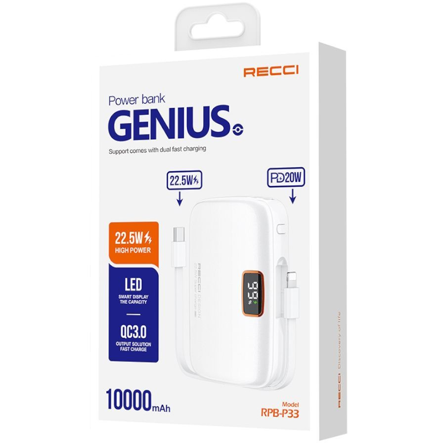 Внешний аккумулятор (Power Bank) RECCI RPB-P33 Genius 10000мАч, USB + Type-C, 22.5+PD20 Вт ...