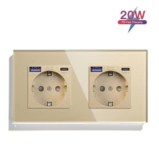 Розетка электрическая 2 поста с Usb Type C Аc быстрая зарядка 20w цвет золотой купить на Ozon