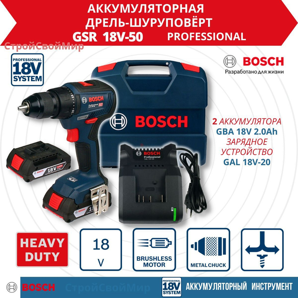 Дрель-шуруповерт Bosch GSR 18V-50, От аккумулятора - купить по низкой ...