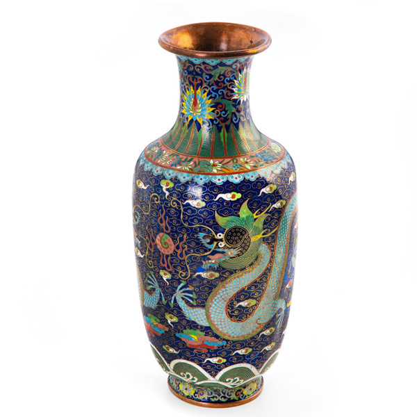 Ваза винтажная Драконы-лун, играющие с жемчужиной в технике клуазоне, медь, эмаль, золочение ...