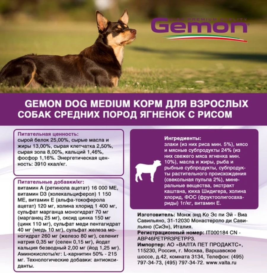 Gemon Dog Medium Adult Сухой корм для взрослых собак с нормальной активностью, ягнёнок рис, 20 ...