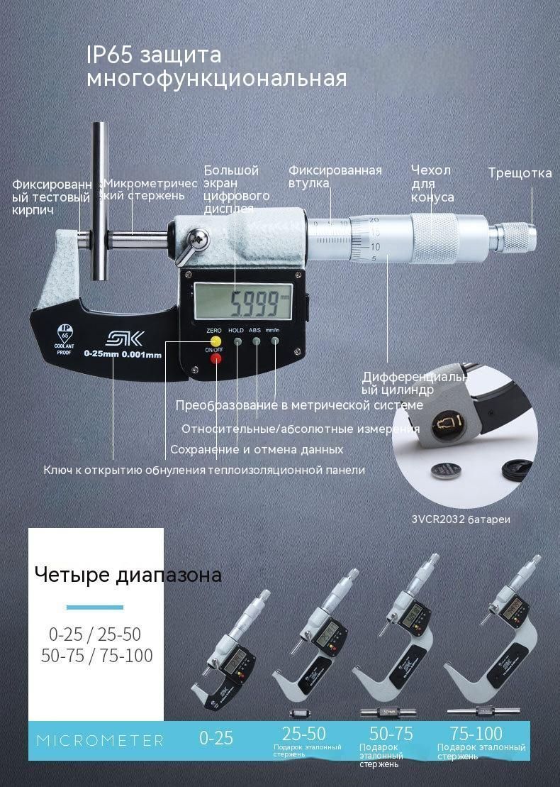 Микрометр 75 мм 0.001 мм 50-75 мм Гладкий (МК) - купить с доставкой по ...