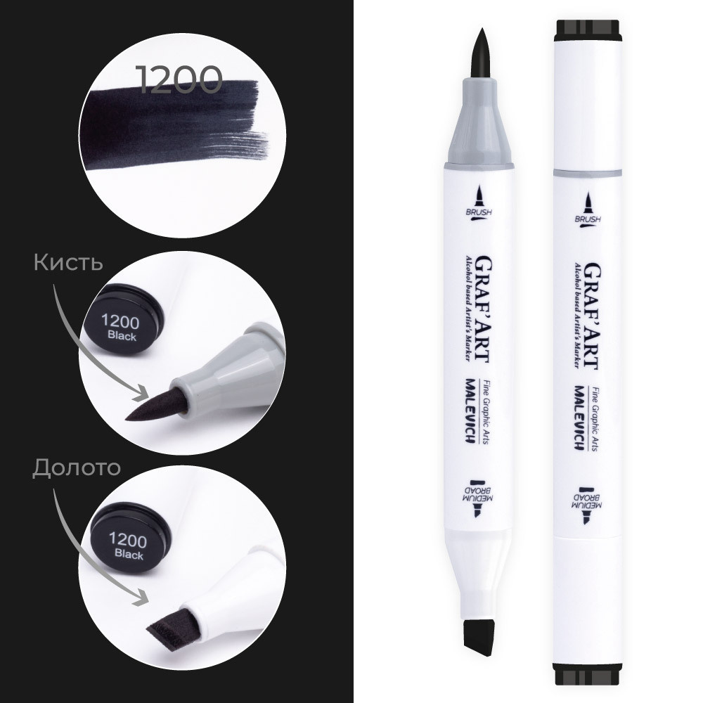 Маркер для скетчинга Малевичъ Graf'Art Brush, скетч маркер Черный ...