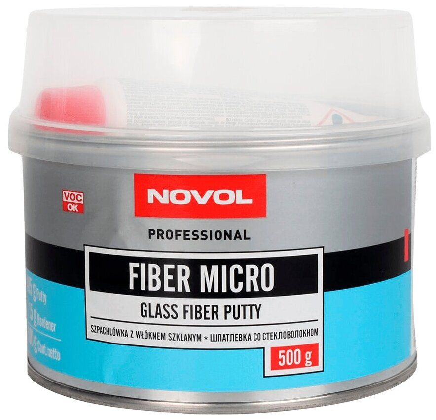 Шпатлёвка со стекловолокном NOVOL FIBER MICRO, зеленая, банка, 0.5кг ...