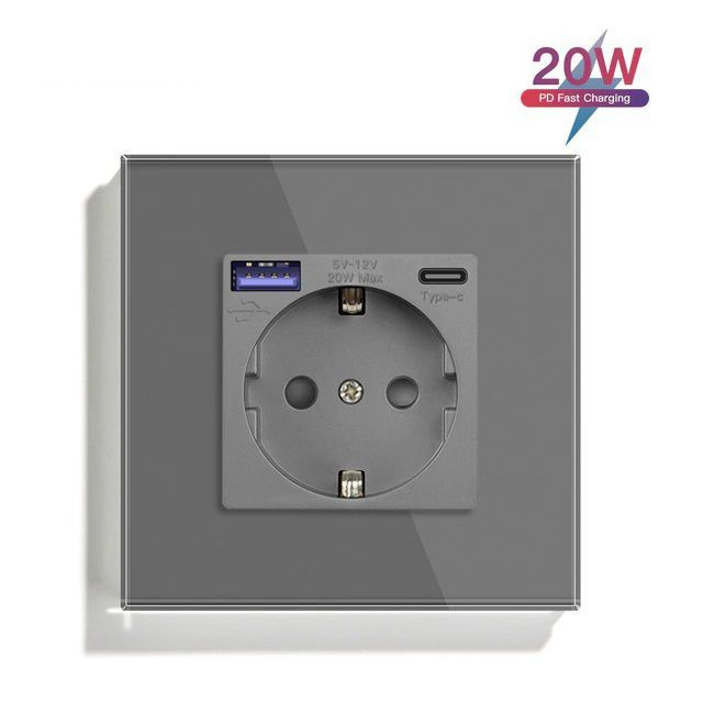 Розетка электрическая 1 пост с Usb Type C Аc быстрая зарядка 20w цвет серый купить на Ozon по