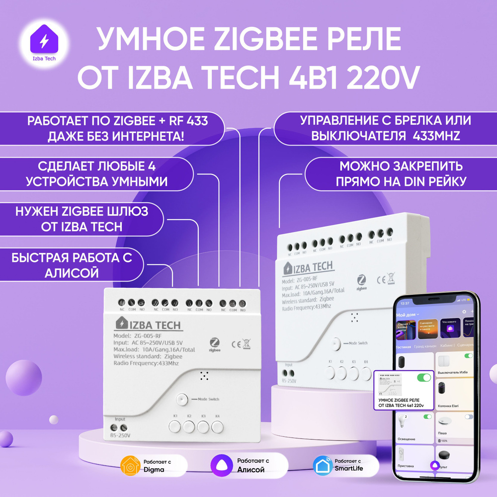 Умное реле контроллер на 4 канала с Алисой для Умного дома модуль