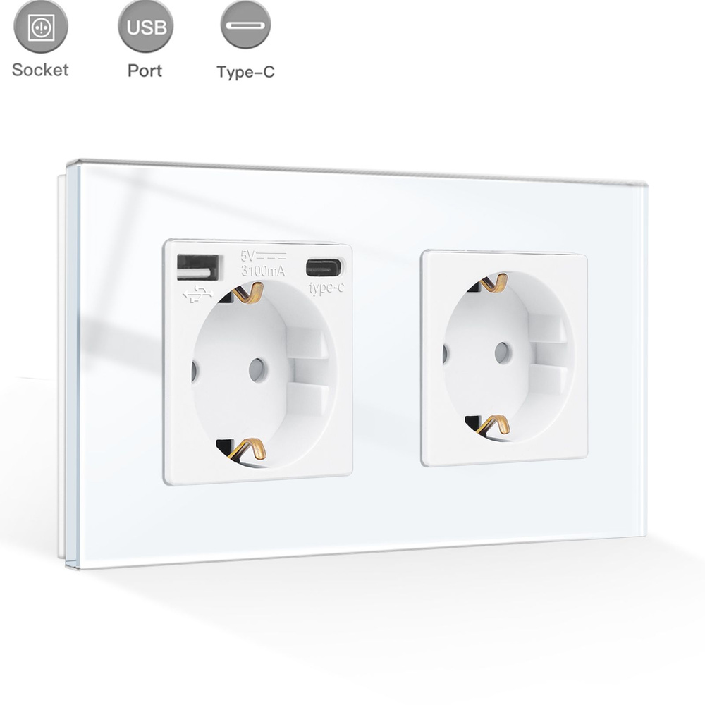 Розетка электрическая 2 поста с USB/Type-C портами 3.1A и розеткой EU ...