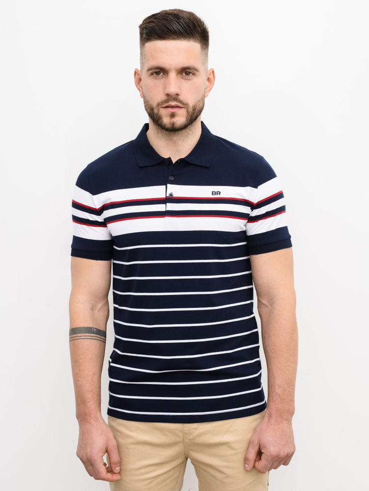 Поло Мужской Bronks темно-синий Короткий, размер 52, 54 Хлопок, Спандекс Полоска свободный ...