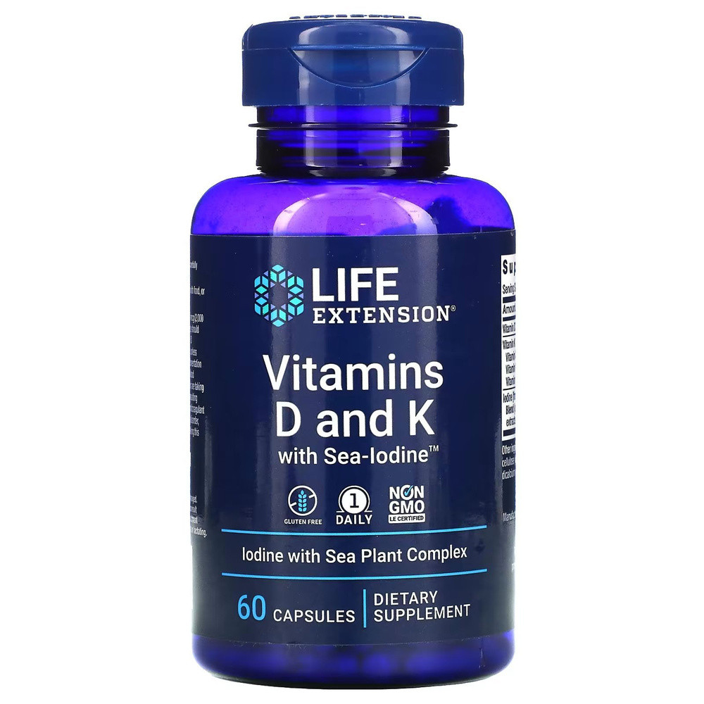 Витамин Д3 К2, йод Sea-Iodine Life Extension Vitamins D3 K2, 60 капсул ...