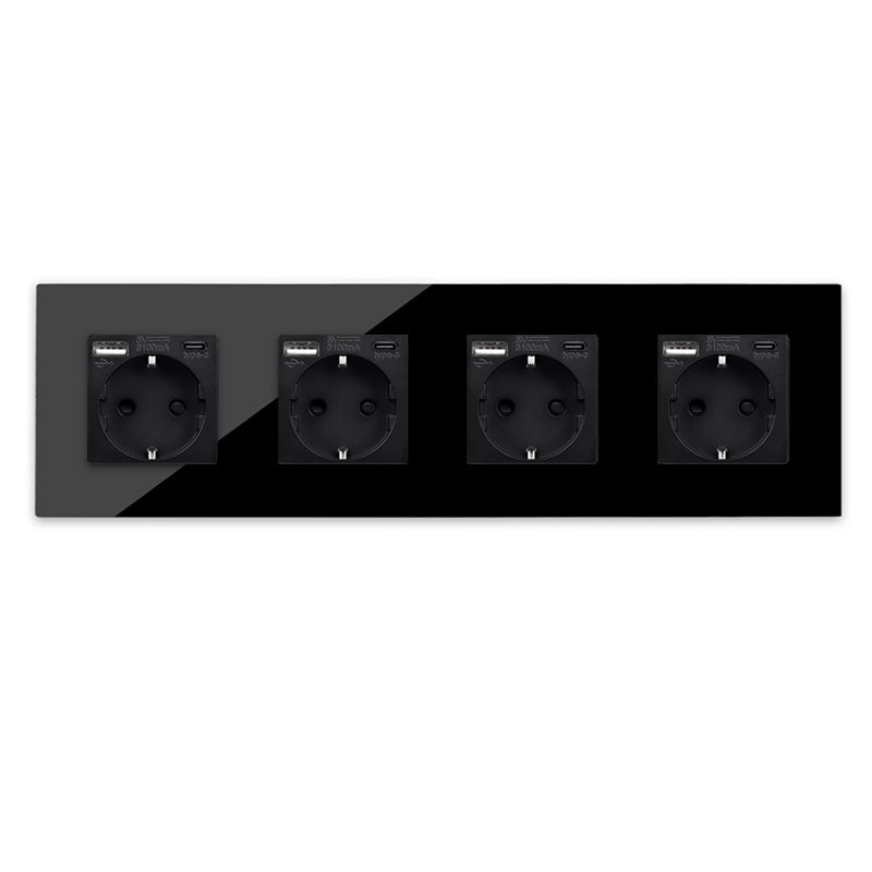Розетка электрическая четырехпостовая с Usb и Type C входами рамка закаленное стекло Черный 1шт