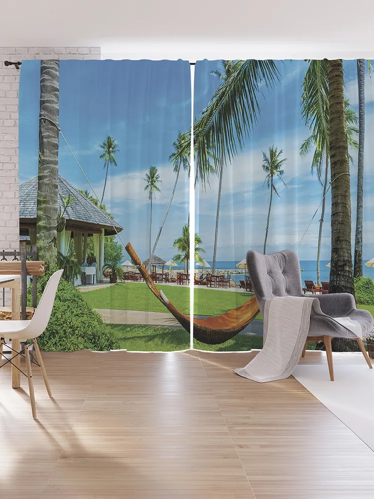 Фотошторы для кухни и спальни JoyArty Oxford DeLuxe "Гамак возле бунгало", 2 полотна со шторной ...