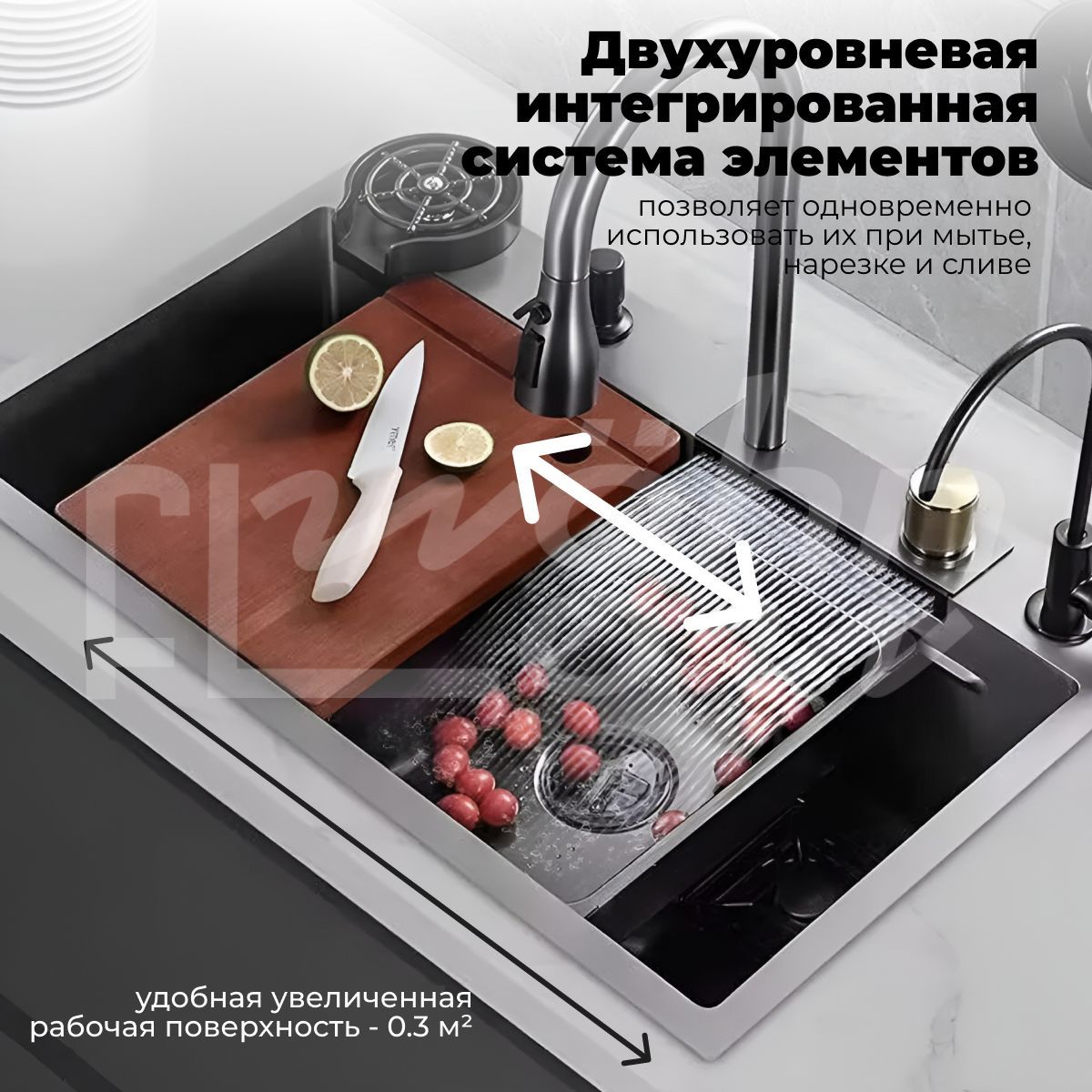 Мойка для кухни многофункциональная с дозатором врезная черная, мойка ...