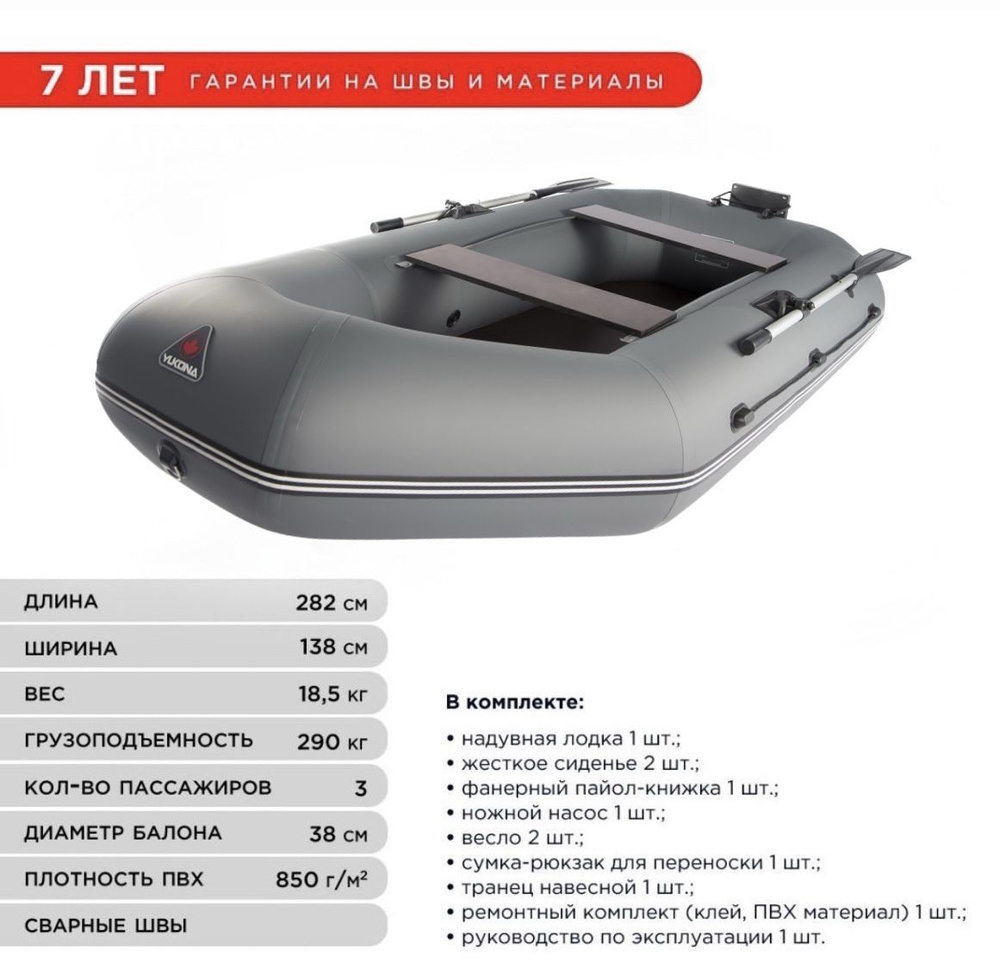 Надувная гребная лодка ПВХ с килем YUKONA 280 GTK под мотор с жестким ...