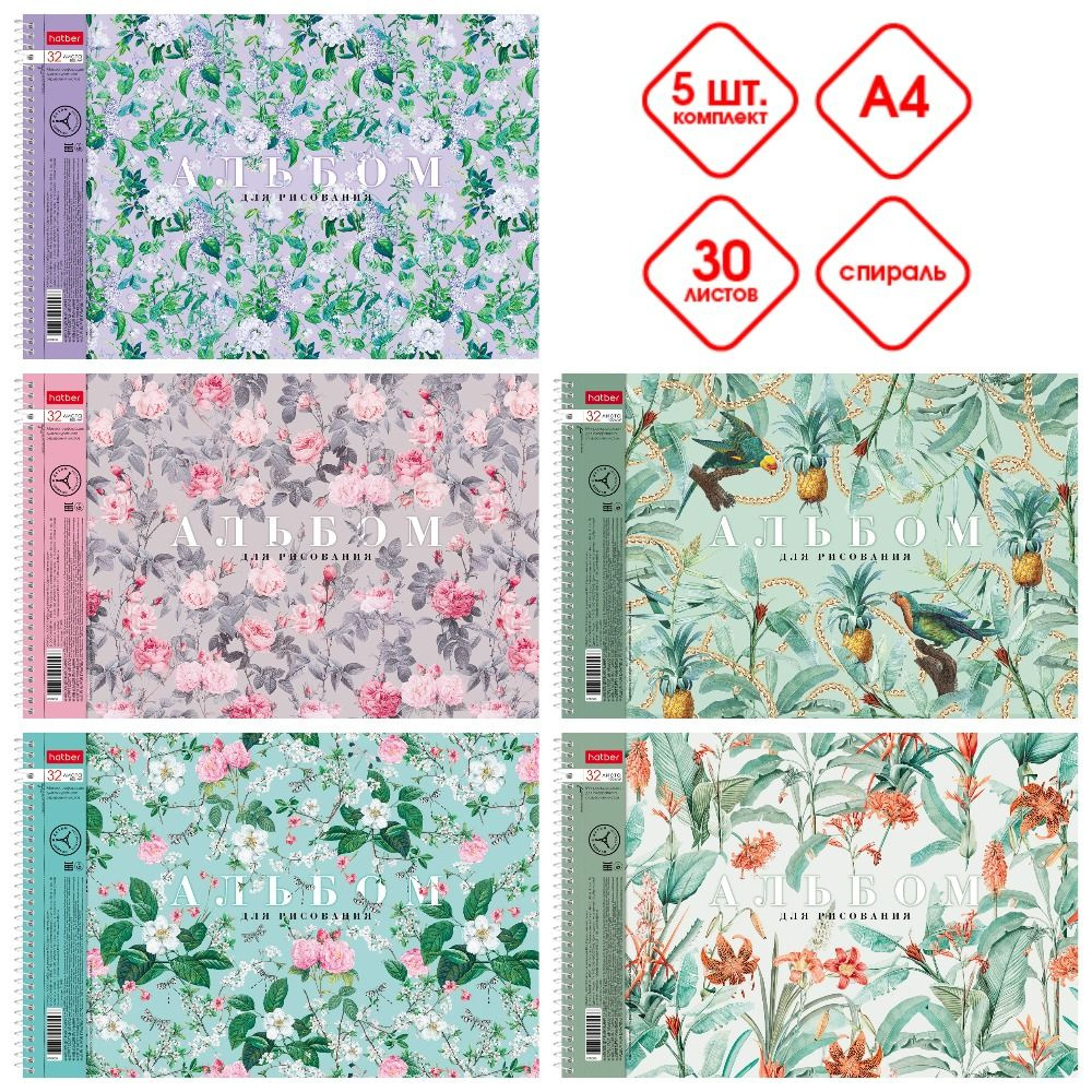 Набор альбомов для рисования Hatber 32 листа, формата А4, перфорация на отрыв, на спирали, 5 ...