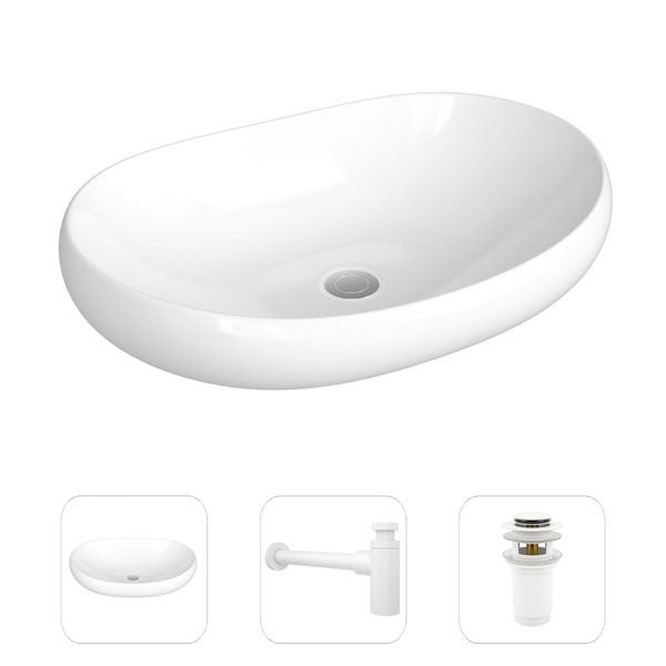 Накладная раковина для ванной Helmken 50263000 комплект 3 в 1: умывальник овальный 63 см, сифон ...