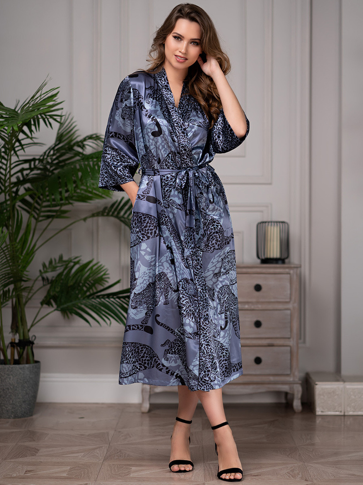 Халат Женский Mia-Amore Домашний Пояс/ремень голубой Без застежки Шелк, размер 54 Короткий Китай ...