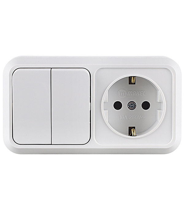 Блок выключателя с розеткой Makel Siva Ustu 451A2 двухклавишный открытая установка белый с ...