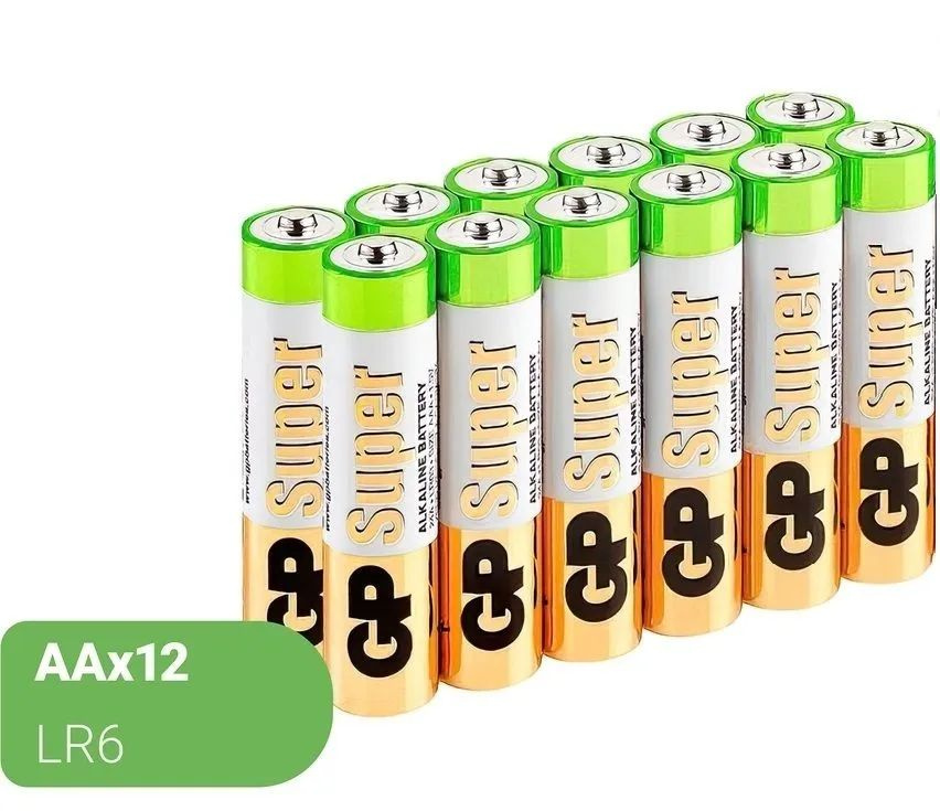 Батарейки щелочные GP Super, тип AA, LR6, 1.5В, 12 шт (Пальчиковые ...