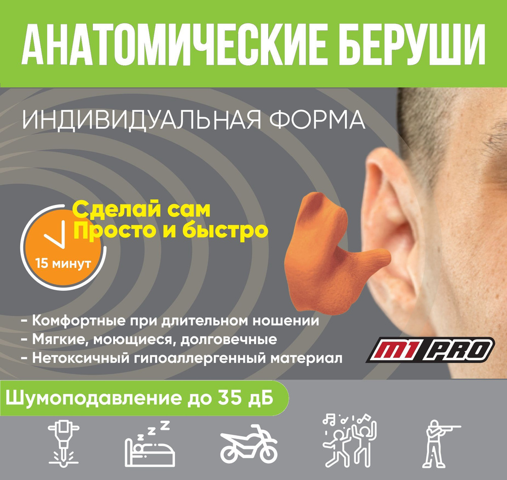 Индивидуальные анатомические беруши M1 Pro, многократного использования ...
